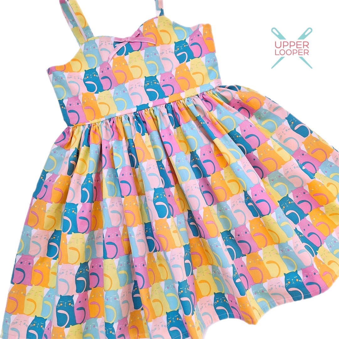Girls Cat Print Dress Colorful Rainbow Cat Dress Cat Lover Dress Cat ...