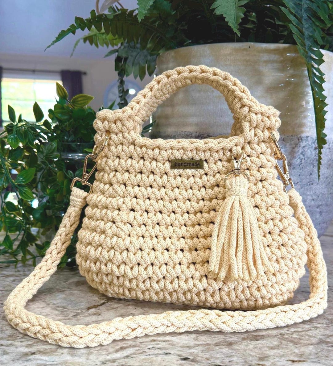 Handmade Crochet Light Yellow Handbag: Recycled Cotton Braided Cord ...