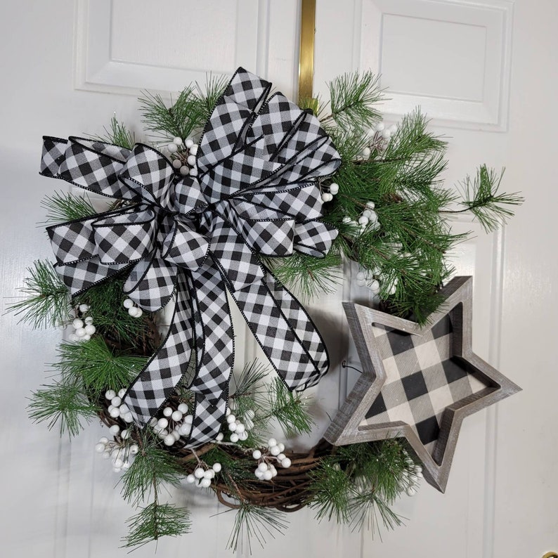 Black and White Buffalo Check Bow With Star Wreath Winter - Etsy