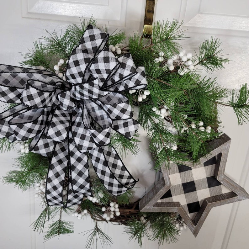Black and White Buffalo Check Bow With Star Wreath Winter - Etsy