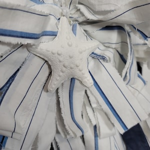 Beach Rag Bow, Starfish Rag Bow, Summer Coastal White and Blue Stripe ...