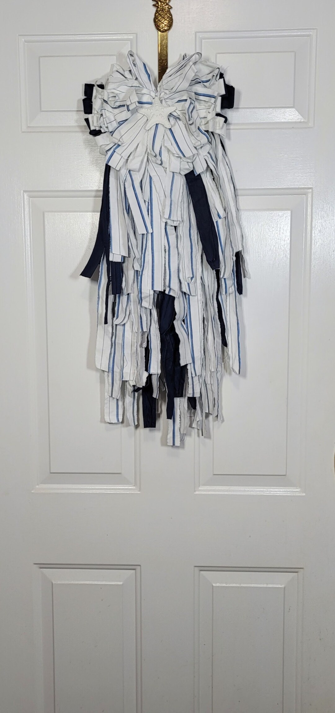 Beach Rag Bow, Starfish Rag Bow, Summer Coastal White and Blue Stripe ...