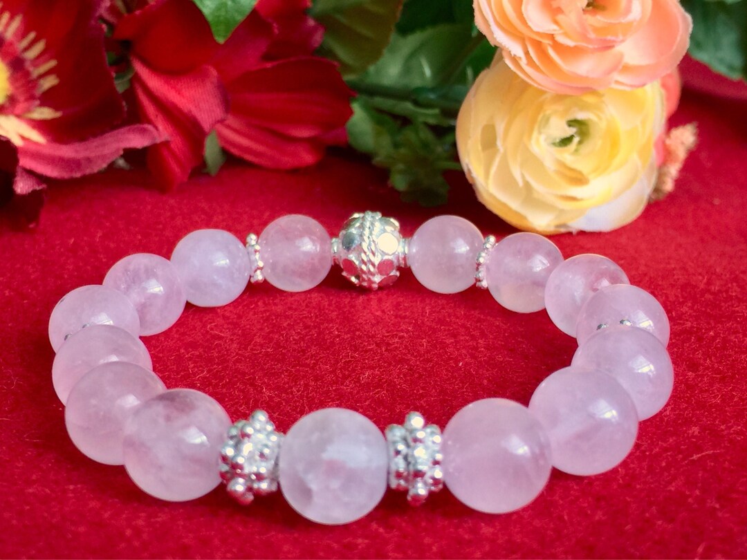 Rose Quartz With Silver Accents Round Natural Stone Beaded Bracelet - Etsy