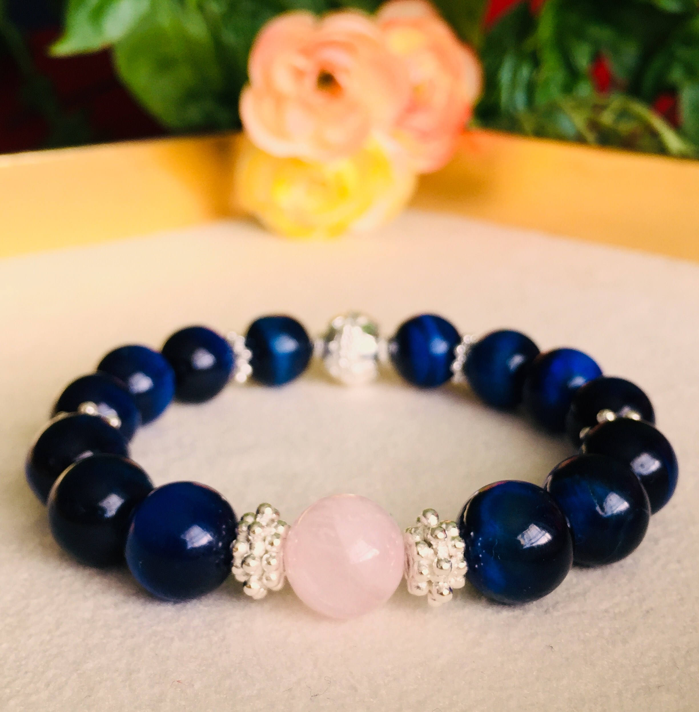Dark Blue Tiger Eye, Rose Quartz and Bali Silver Accents Round Bead ...