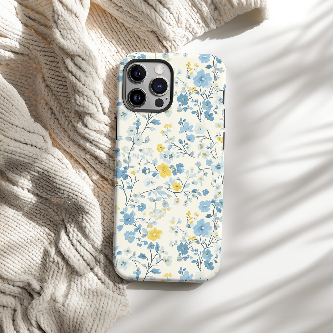 Cottagecore Phone Case, Blue and Yellow Flowers - Tough Phone Cover ...