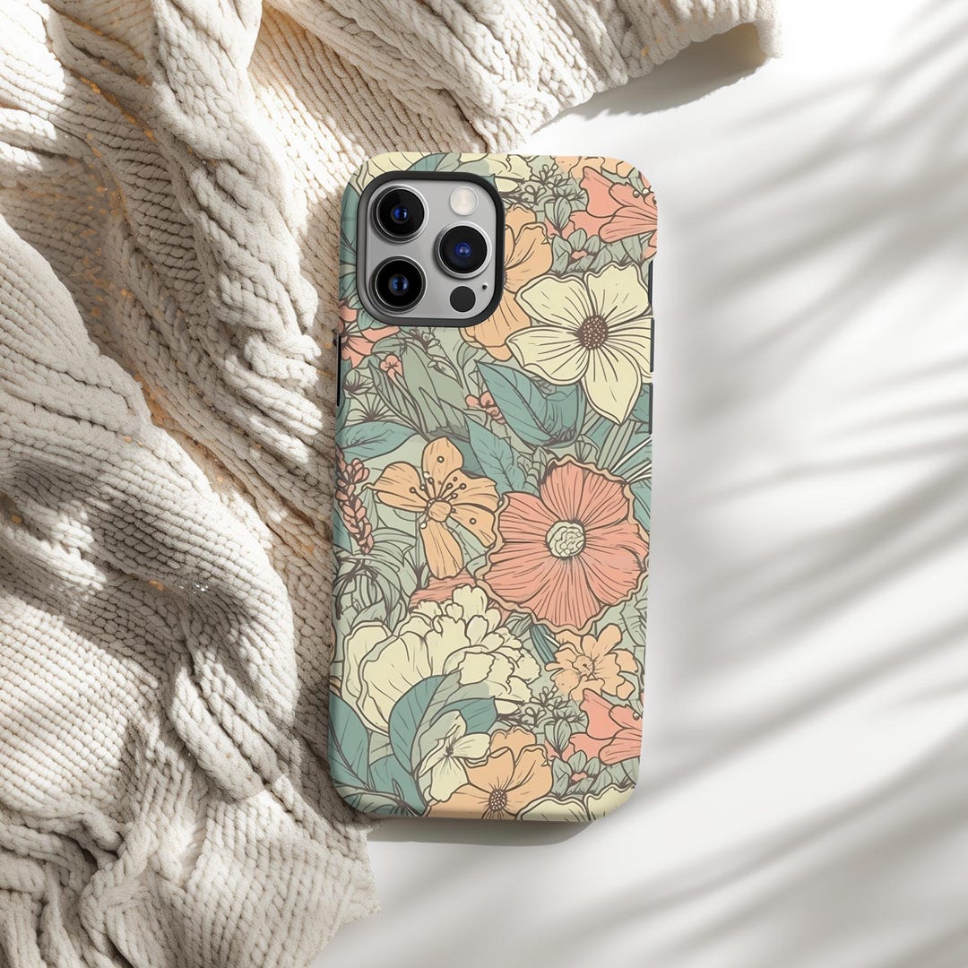 Phone Case, Retro Floral 70's Design, Flower Pattern Protective Tough ...