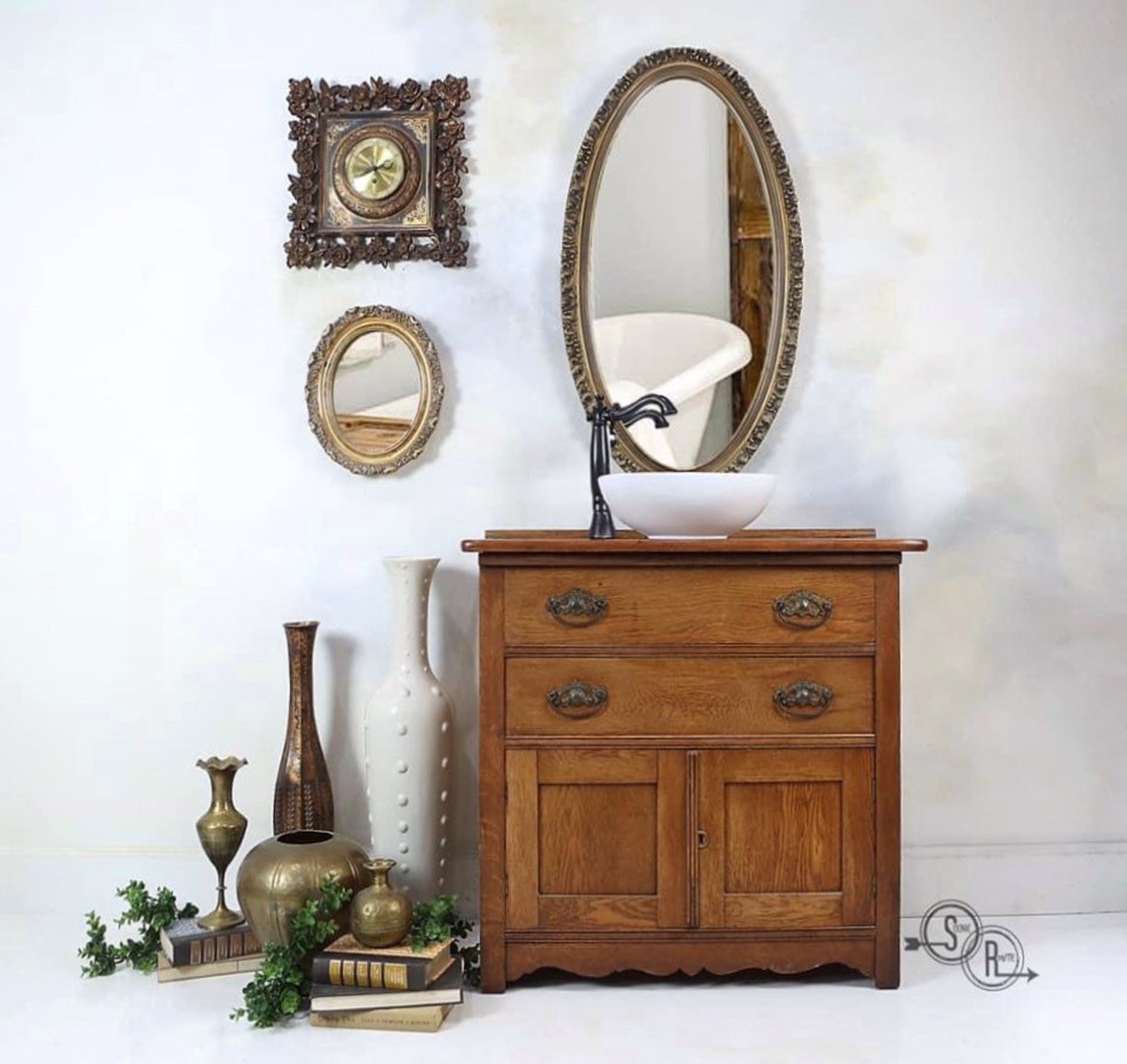 Oak Bathroom Vanity, Bowed Drawer Cabinet, Washstand - Etsy