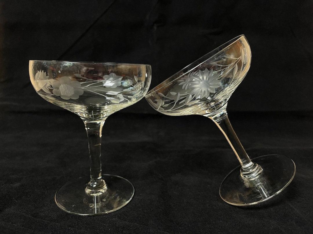Vintage Etched Crystal Champagne Glasses , Bride and Groom Wedding Glasses , Vintage Glassware ...