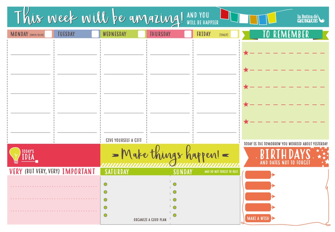 PLANIFICADOR SEMANAL. Organizador Imprimible. IMPRIMIBLE A4. Checklist ...