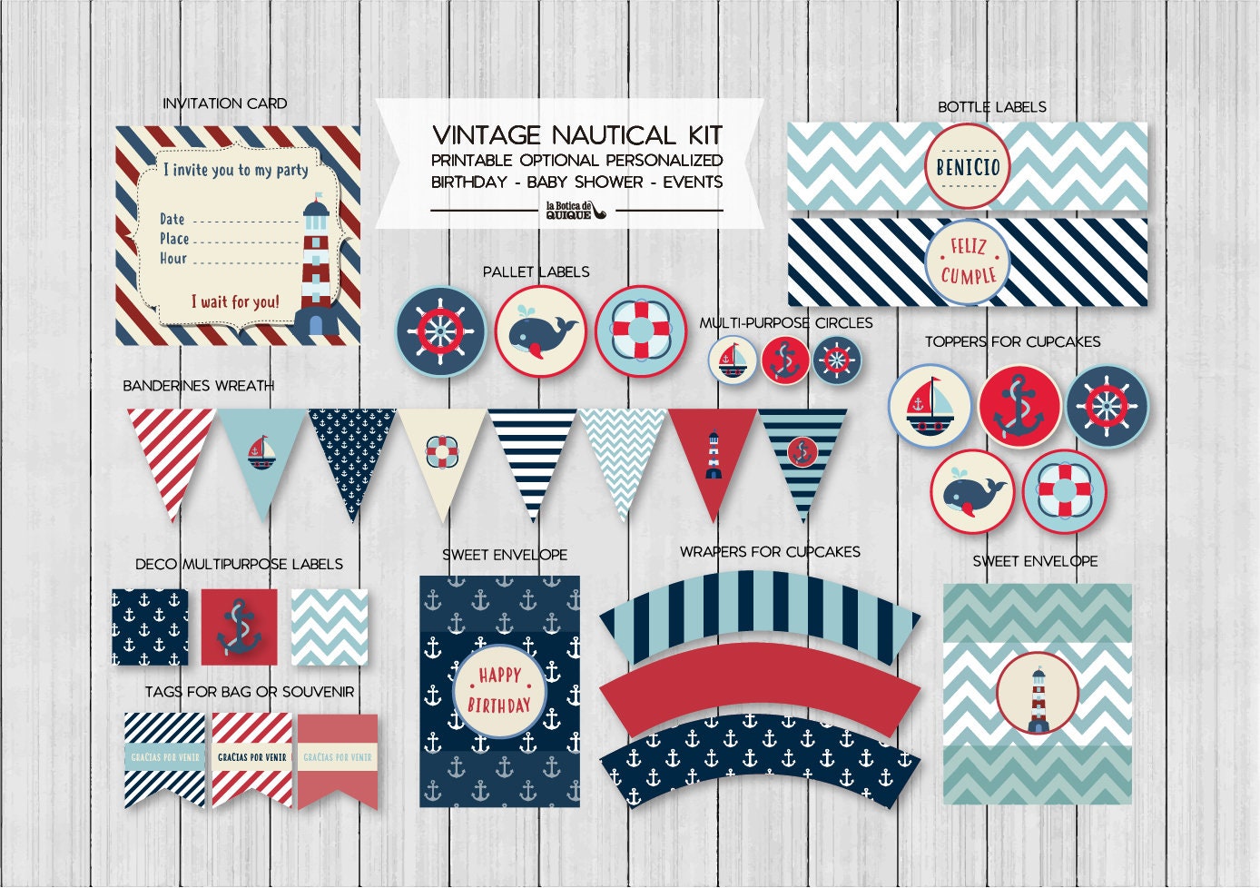 Printable Kit Nautic Vintage. DIY Printable Birthday Party Package ...