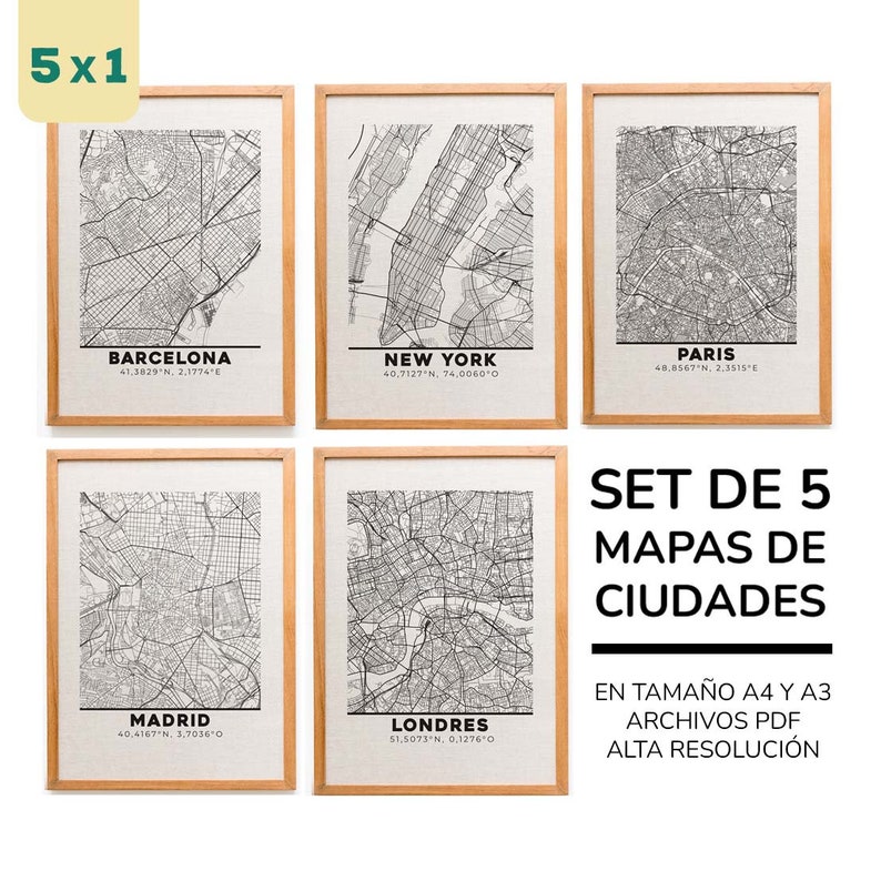 City Map Prints, London, New York, Madrid, Barcelona, Paris (digital ...