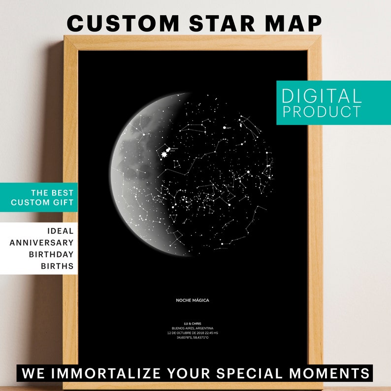 Custom Star Map by Date, Moon Model, Digital Download Night Sky Poster ...