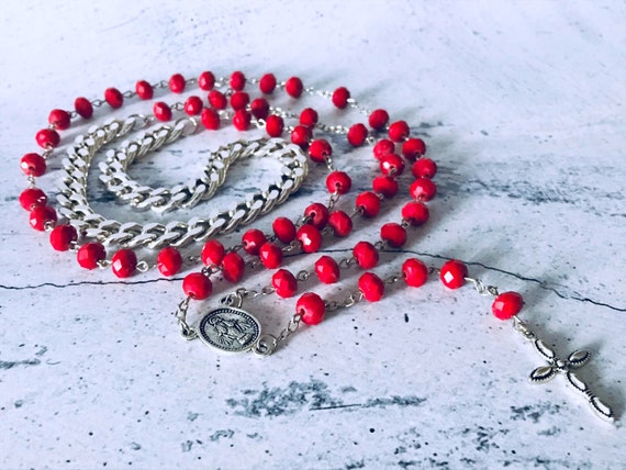 Long Red Rosary Necklace With Silver Chain Gift for Her. - Etsy