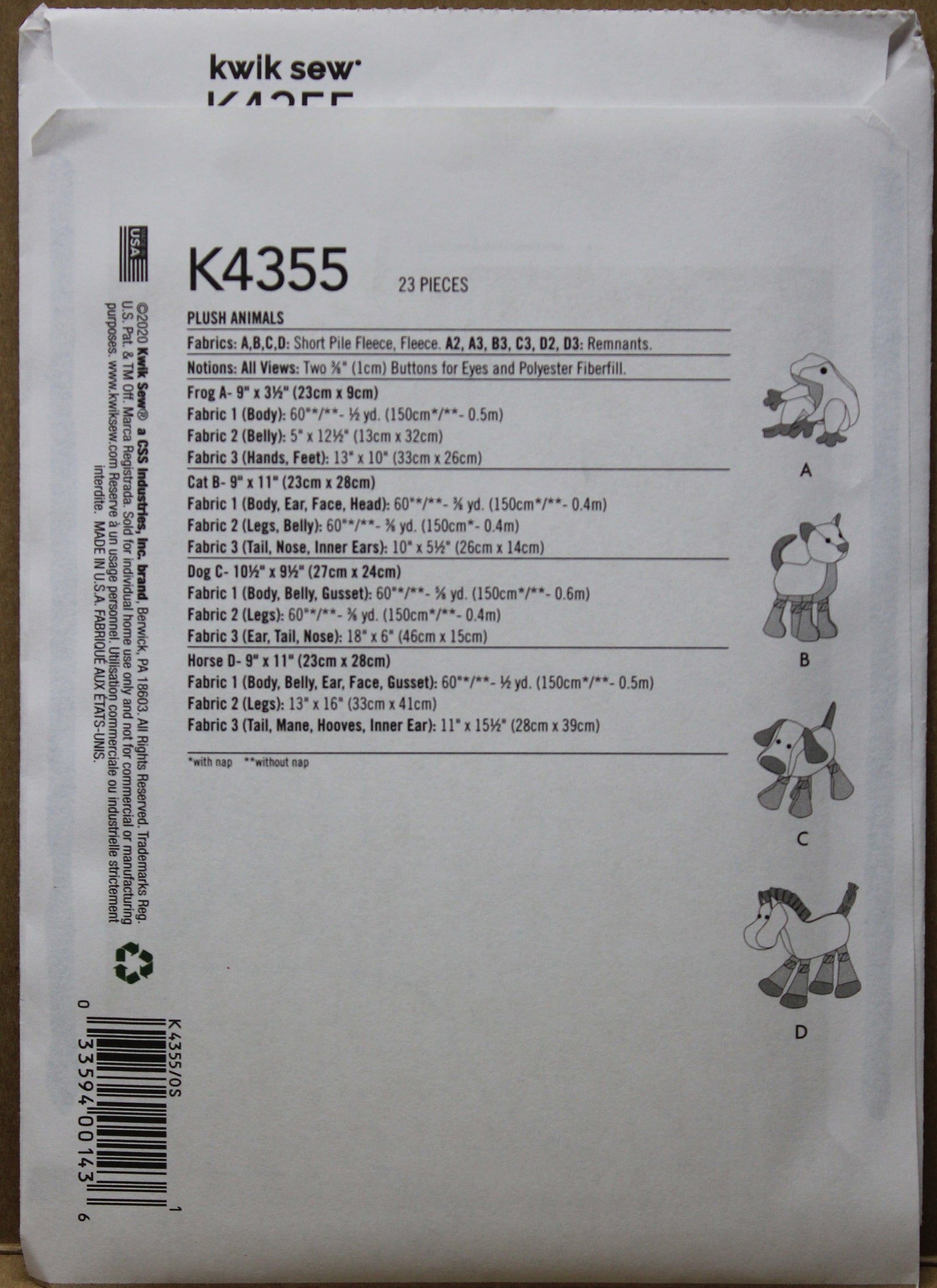 Kwik Sew Pattern K4355 Stuffed Animals in Five Styles - Etsy