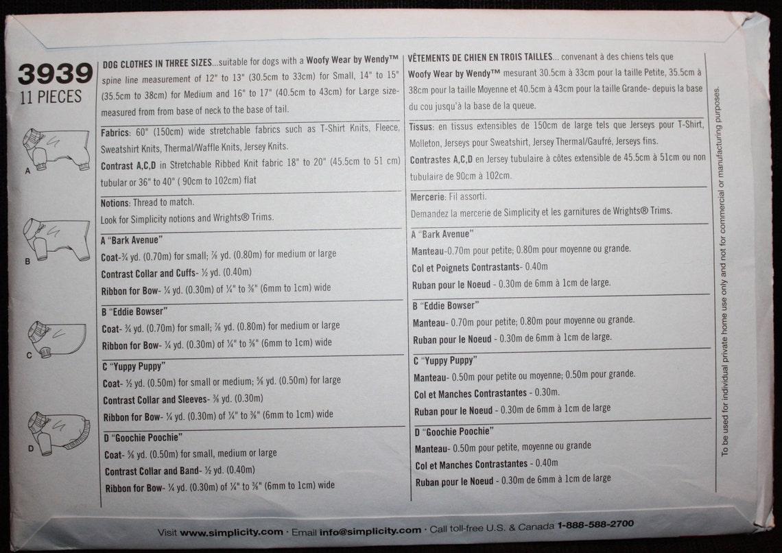 Simplicity Pattern 3939 Woofy Wear by Wendy Dog Clothes and - Etsy