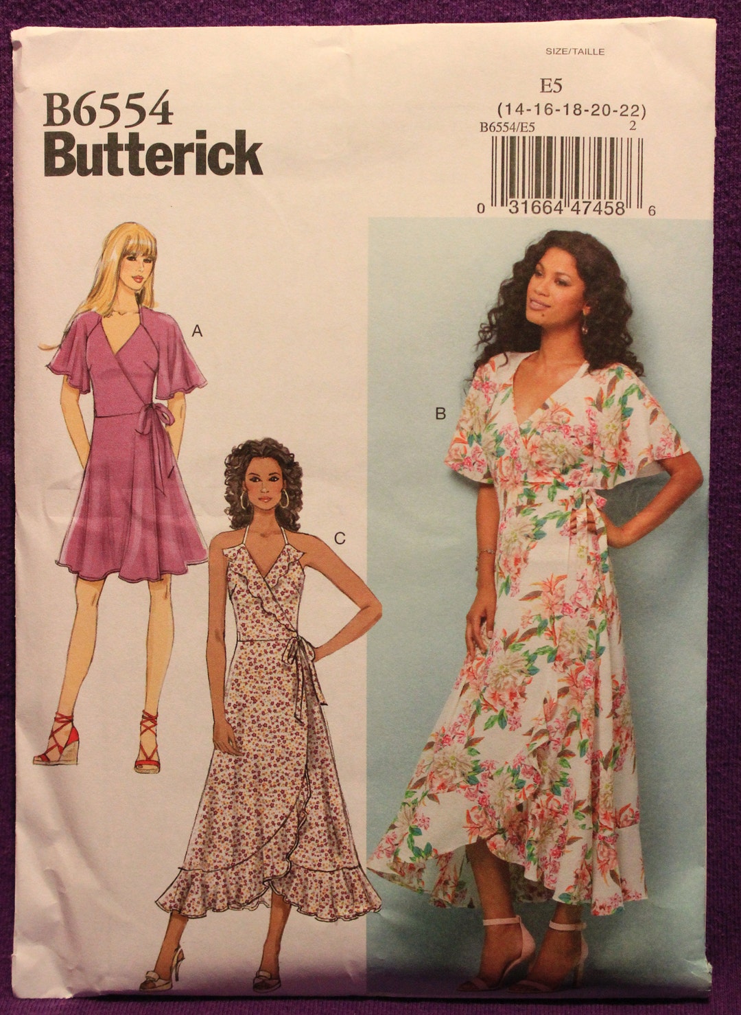 Butterick Pattern 6554 E5 Misses' Wrap Dresses in Sizes 14-16-18-20-22 ...