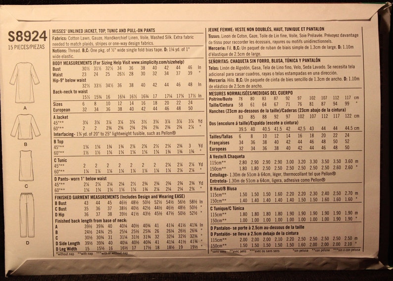 Simplicity Pattern 8924 U5 Misses' Jacket Top Tunic and | Etsy