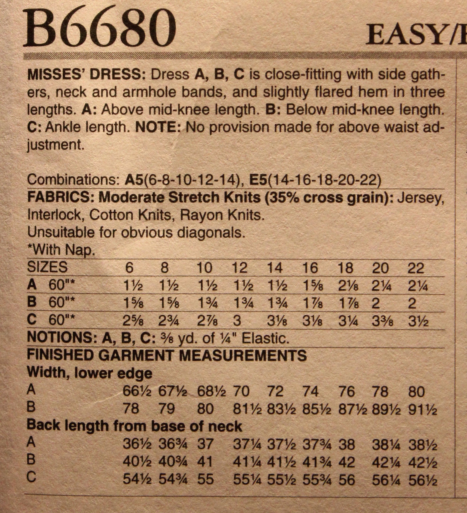 Butterick Pattern 6680 A5 Misses' Dress With Side Gather - Etsy