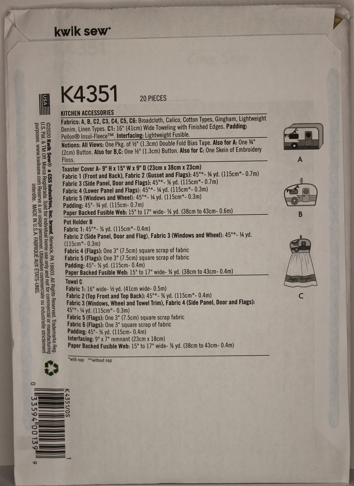 Kwik Sew Pattern K4351 Camper Design Kitchen Accessories Pot Holder ...