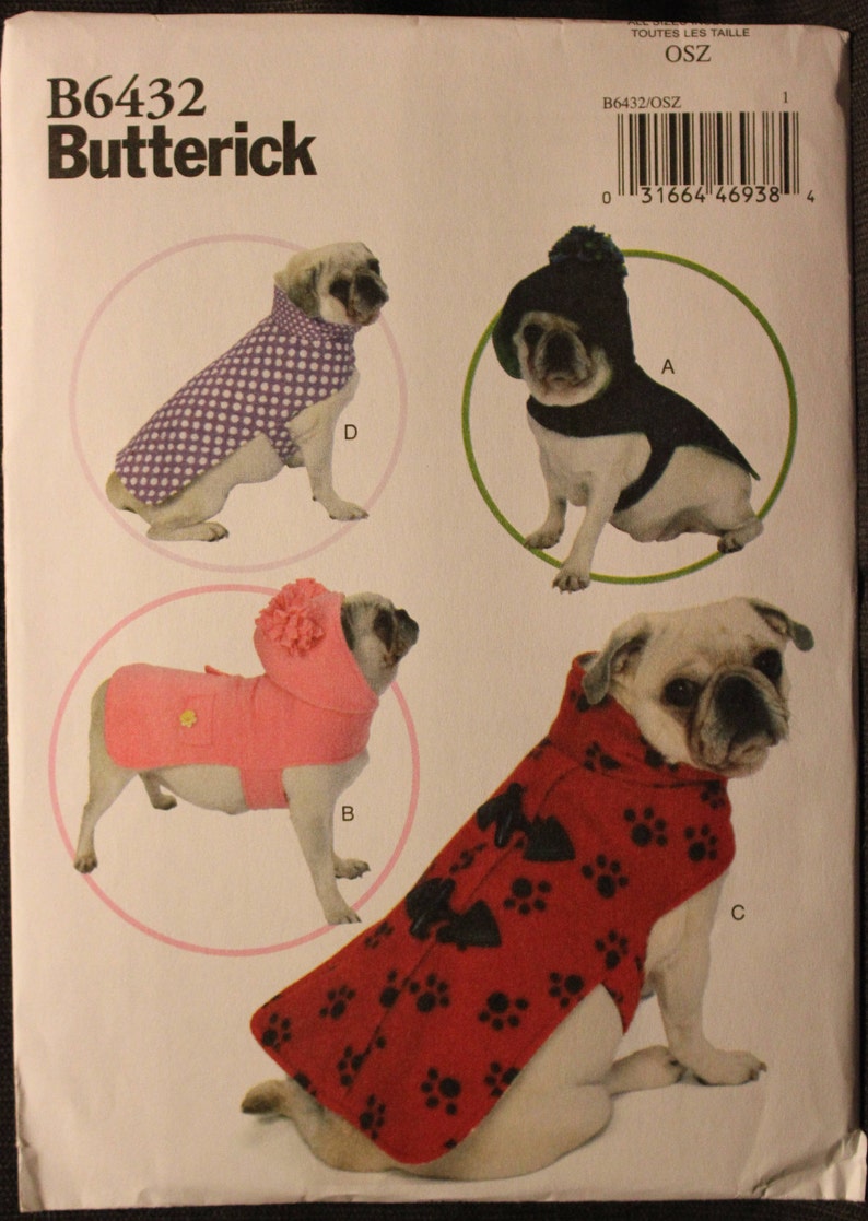 Butterick Pattern 6432 Pet Coats With Collar or Hood Variation in Sizes ...
