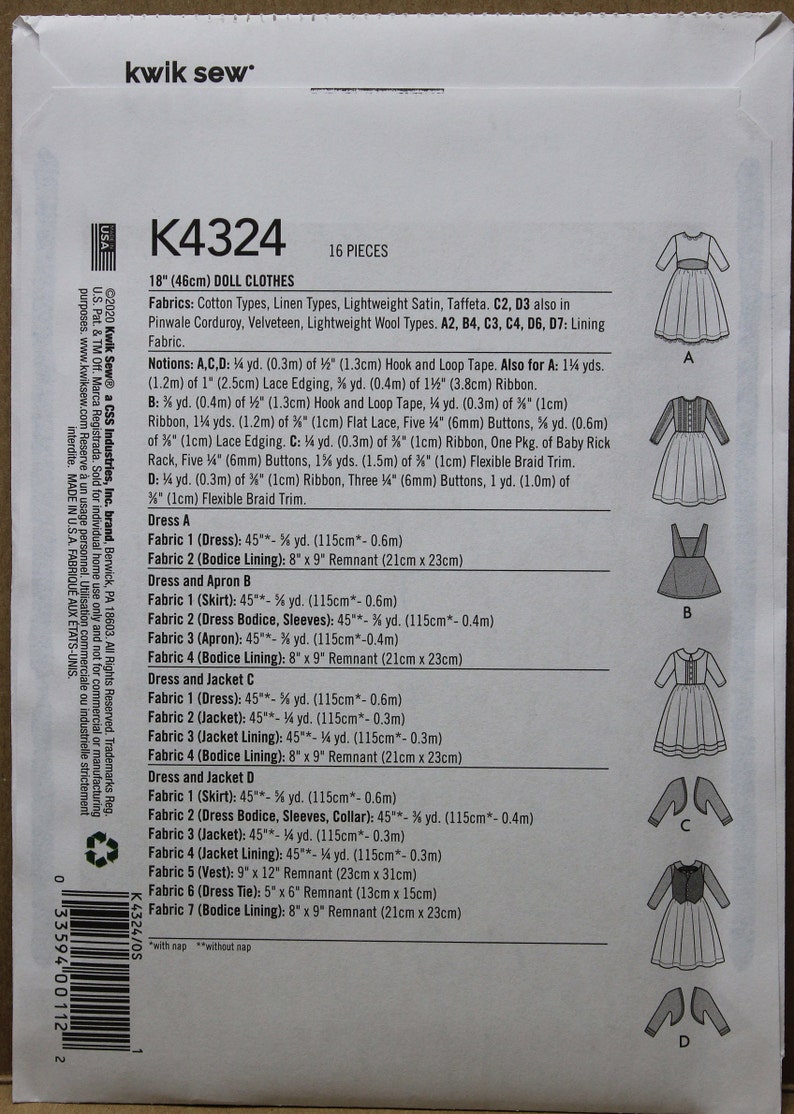 Kwik Sew Pattern K4324 Historically Inspired 18in Doll Clothes | Etsy