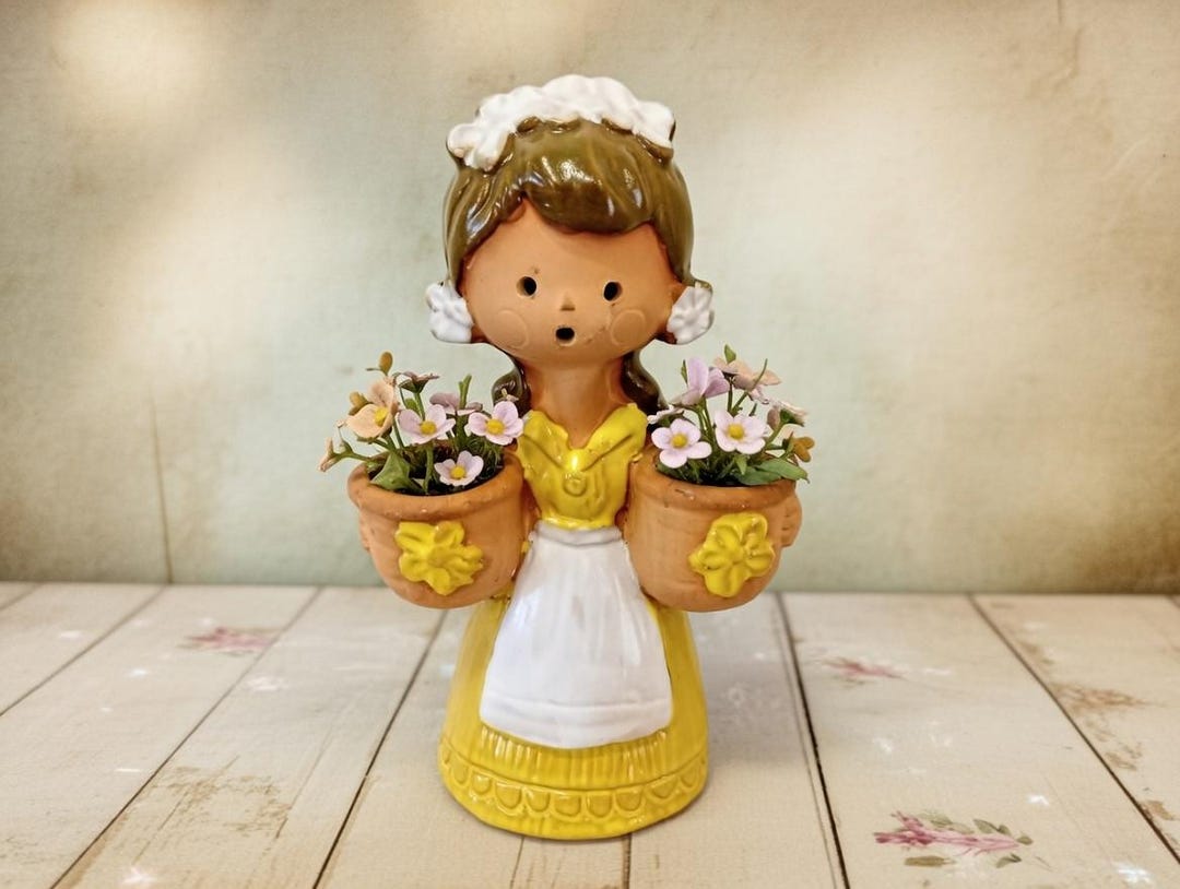 Vintage 1970 Girl Figurine Tiny Flower Pots Vases in Hands Brown Clay ...