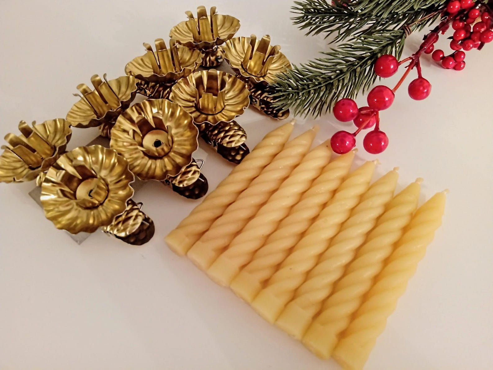 SET of 8x Gold Christmas Tree Candle Clips + 8 Christmas Tree Beeswax ...