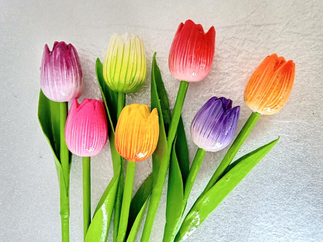 7x Wood Tulips Faux Flowers Cottagecore Decors Holland Wooden Tulip ...