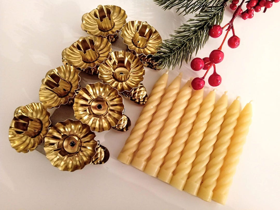 SET of 8x Gold Christmas Tree Candle Clips + 8 Christmas Tree Beeswax ...