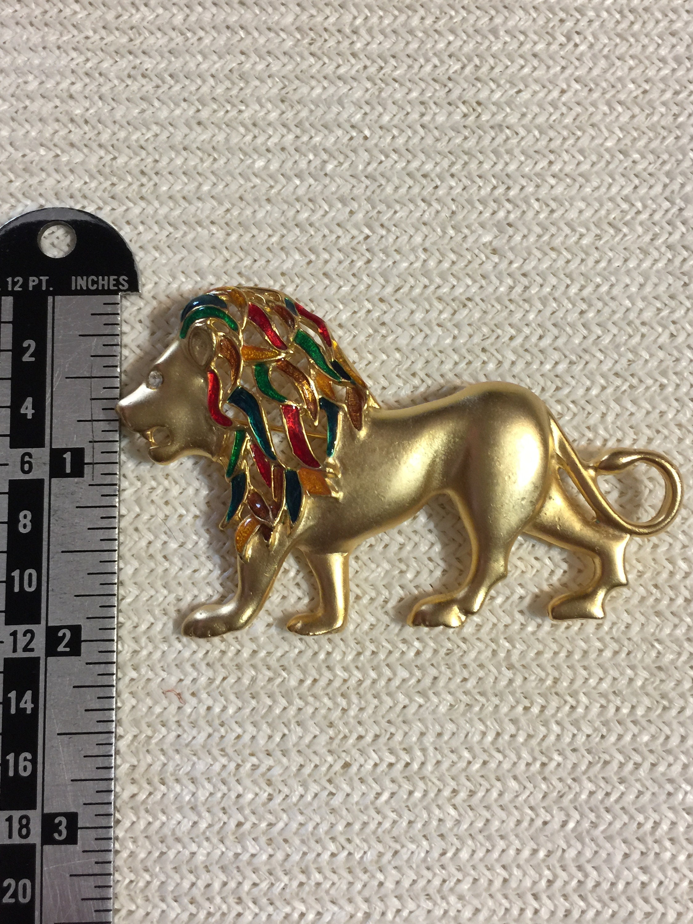 Massive Gold Lion Brooch Pin Enamel Rhinestone Eye Eyes Metallic ...