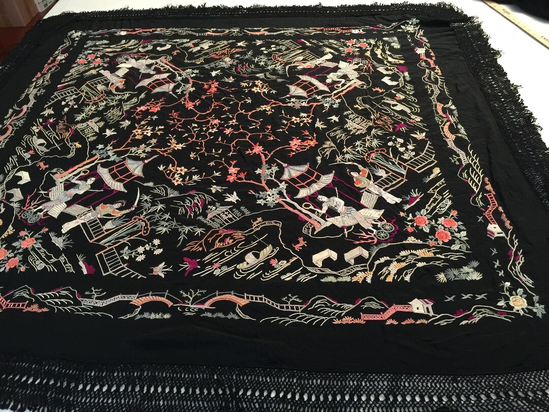 Antique Silk Shawl Black Silk Embroidered Shawl Asian Tapestry Wall ...