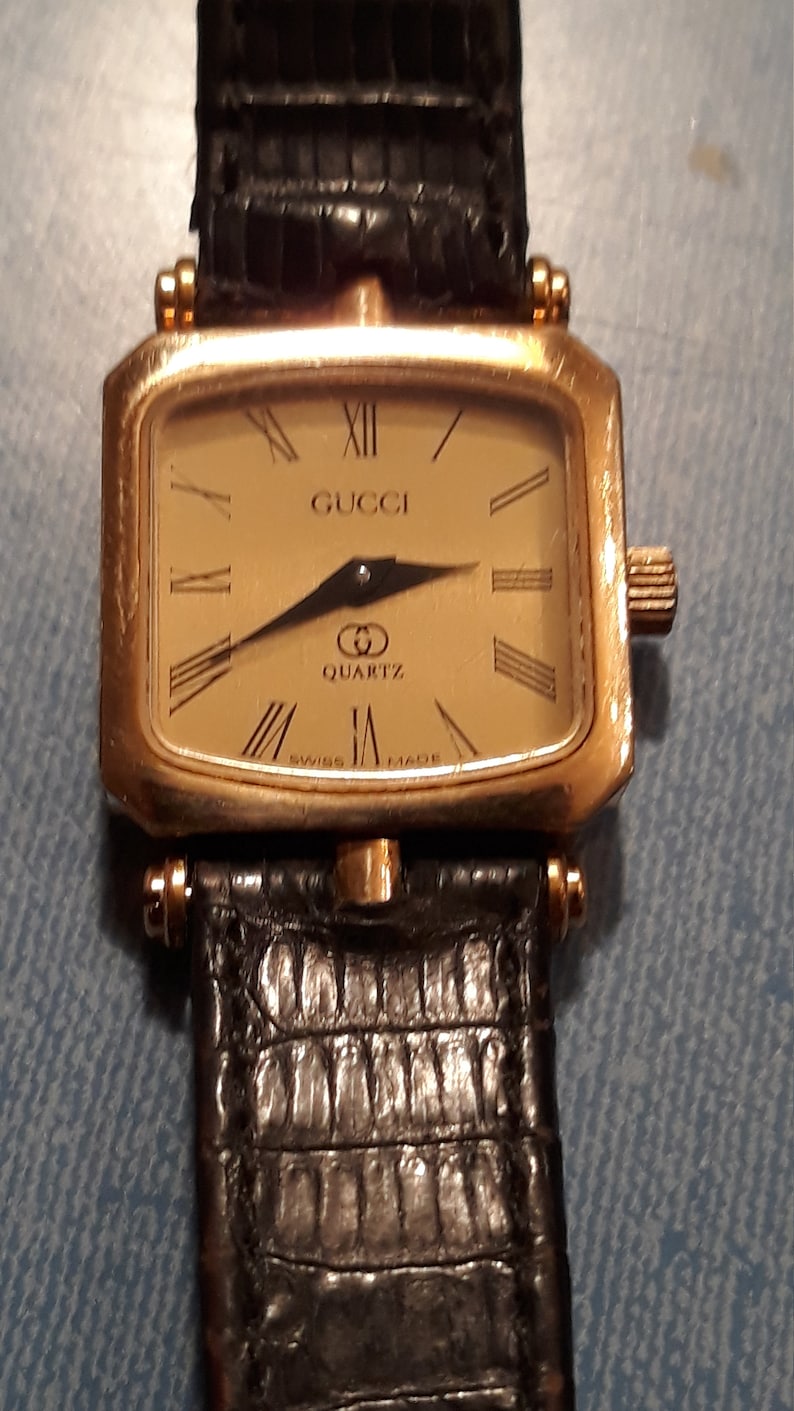 Vintage Gucci Watch Gold Gucci Stacked Watch Black Band Enamel Green ...