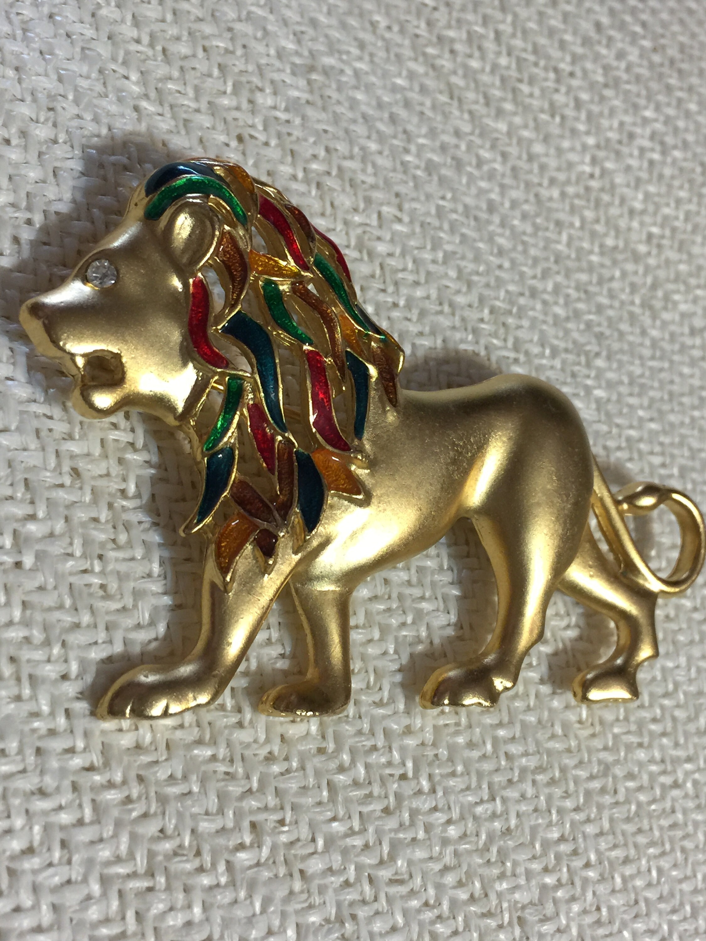 Massive Gold Lion Brooch Pin Enamel Rhinestone Eye Eyes Metallic ...