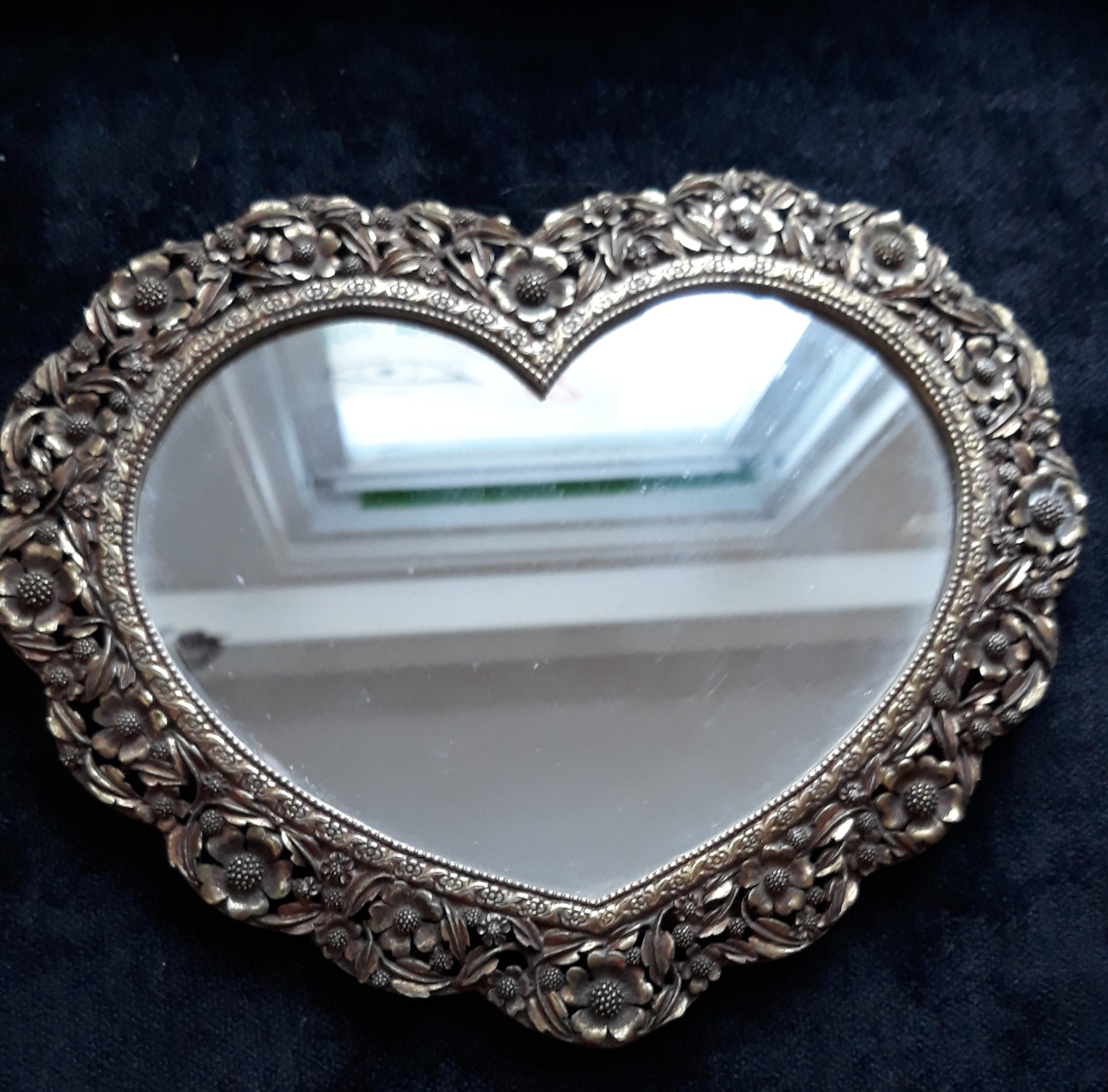 Stunning Vintage Heart Mirror Vanity Desk Wall Gold Filigree Floral Metal Beveled Mirror Wedding Anniversary Gift Etsy UK