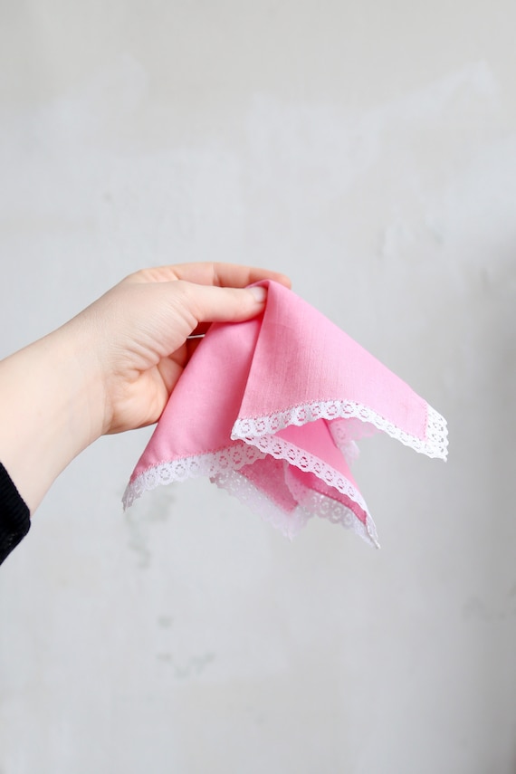 1960s Pink Lace Handkerchief: Vintage Cotton Hanky - Gem