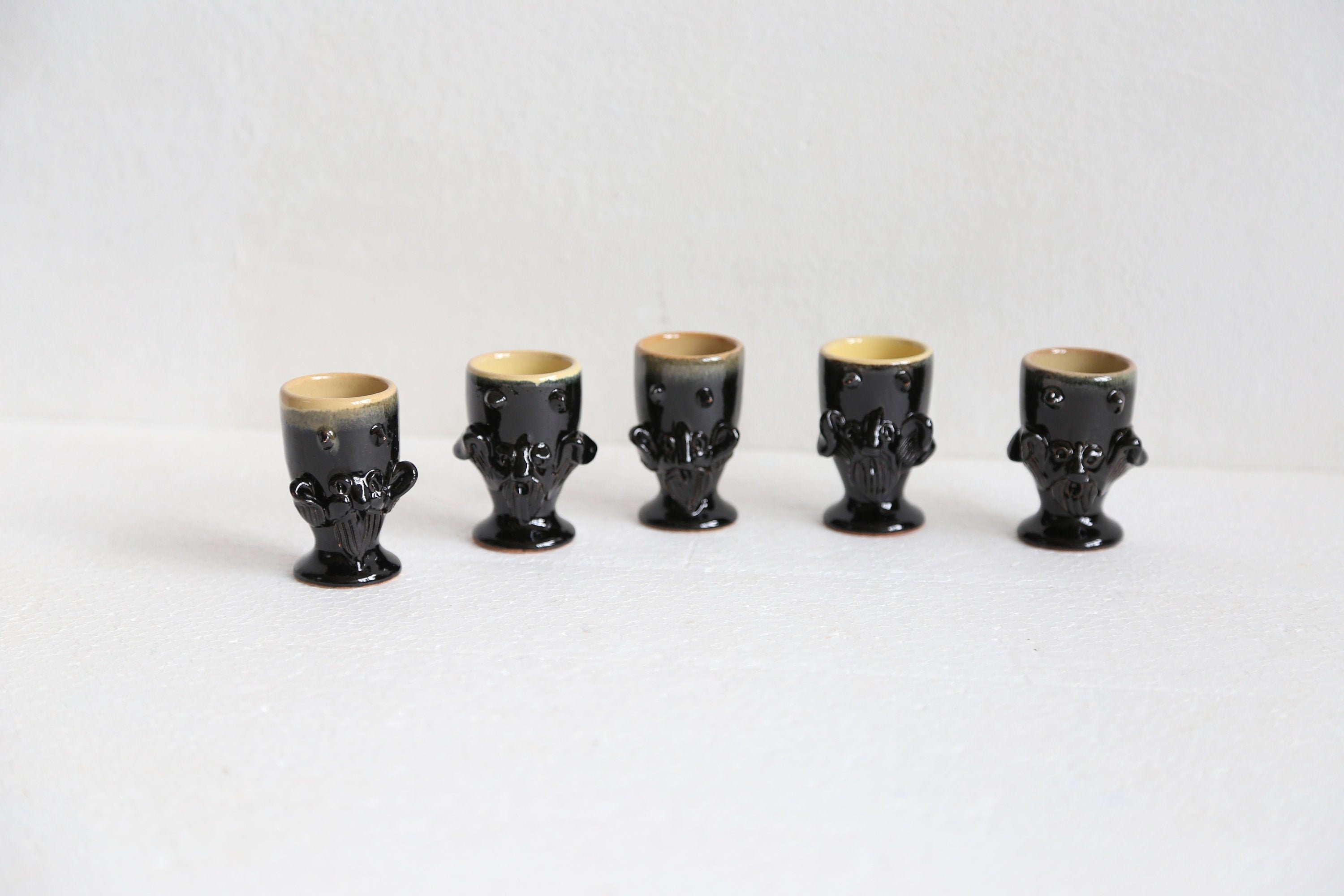 Set of 5 Vintage Ceramic Shot Glasses With Devils Faces Earthenware Cup ...