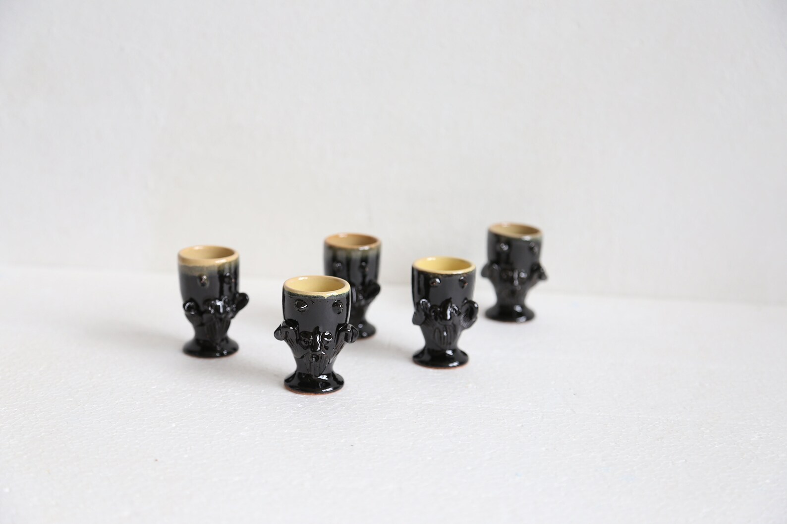 Set of 5 Vintage Ceramic Shot Glasses With Devils Faces Earthenware Cup ...