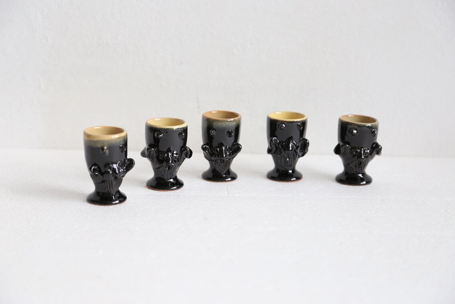Set of 5 Vintage Ceramic Shot Glasses With Devils Faces Earthenware Cup ...