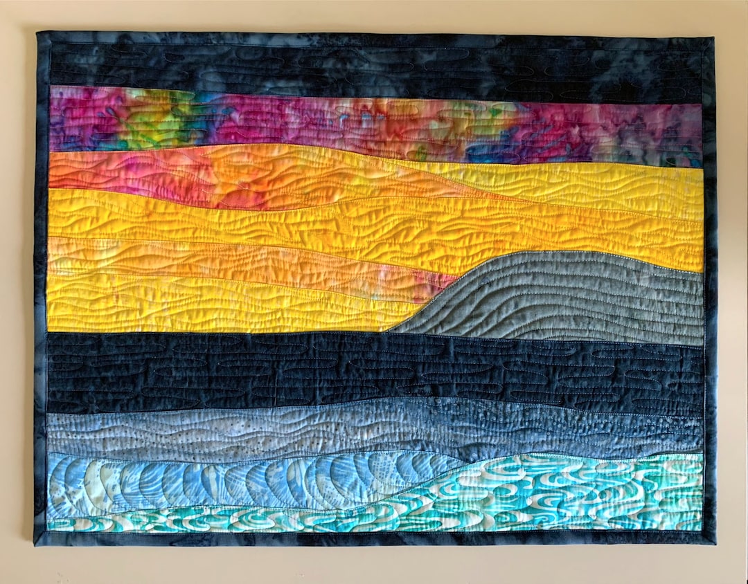 Sunset Over Water Wall Quilt, Colorful Quilted Wall Hanging, Landscape ...