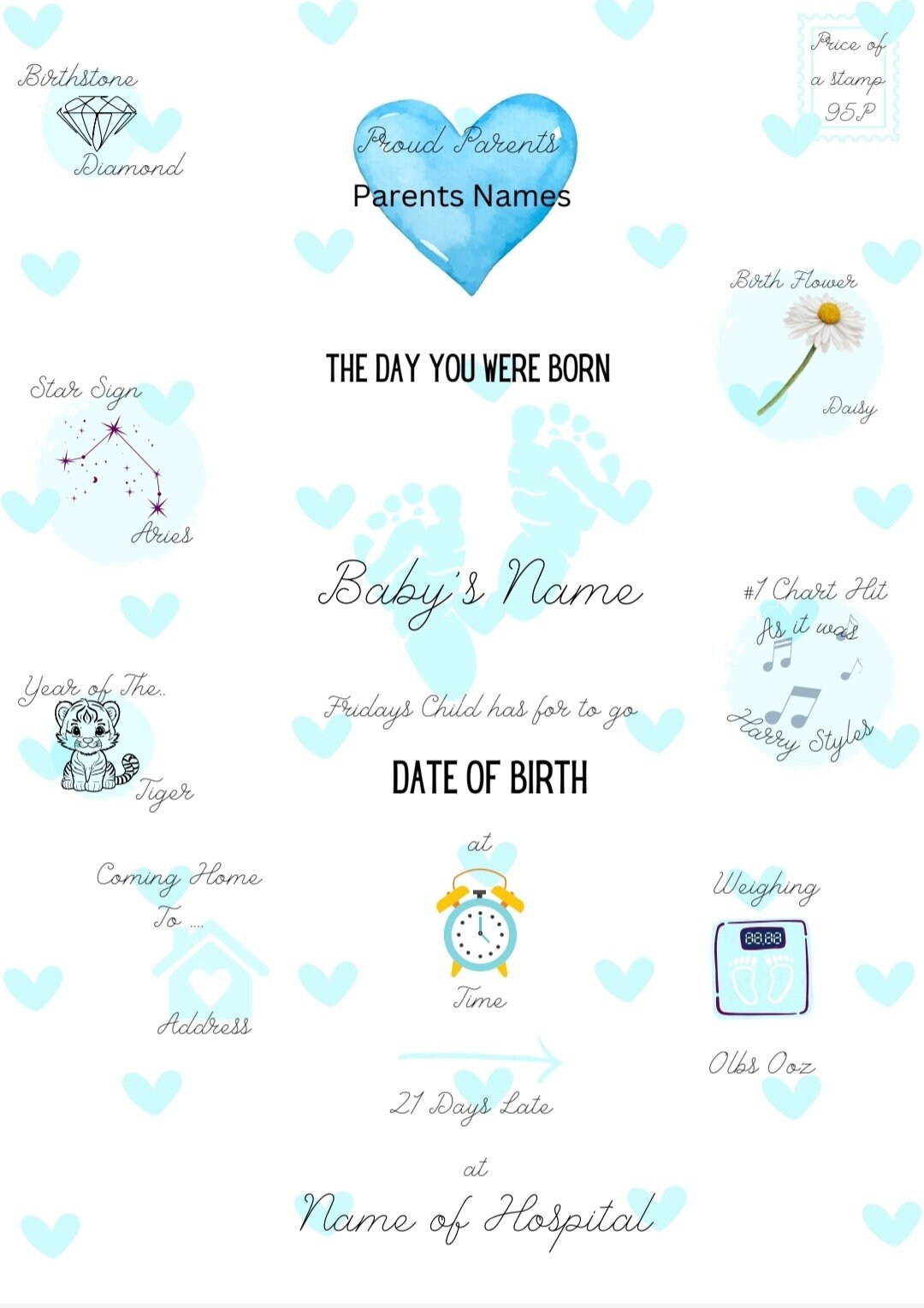 New Baby Personalised on the Day You Were Born Print, Baby Girl Gift ...