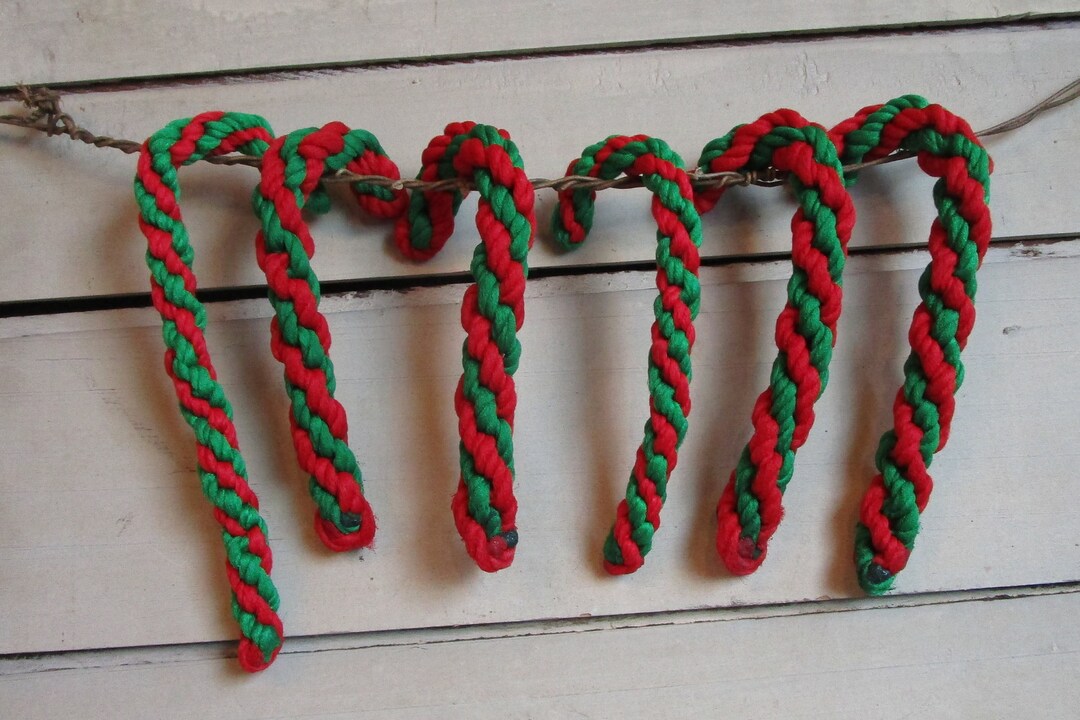 6 Yarn Candy Canes. Wrapped Tight Woven Yarn Braided. Green and Red for ...