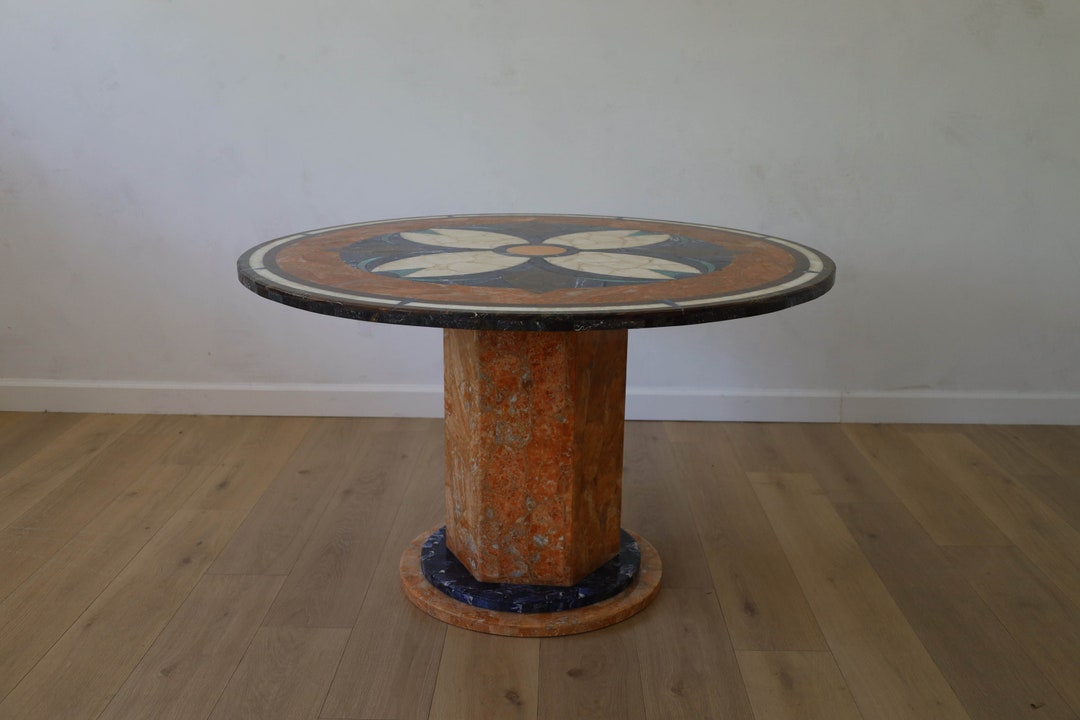 Italian Marble Round Dining Table With Unique Stone Flower Mosaic, 20th ...