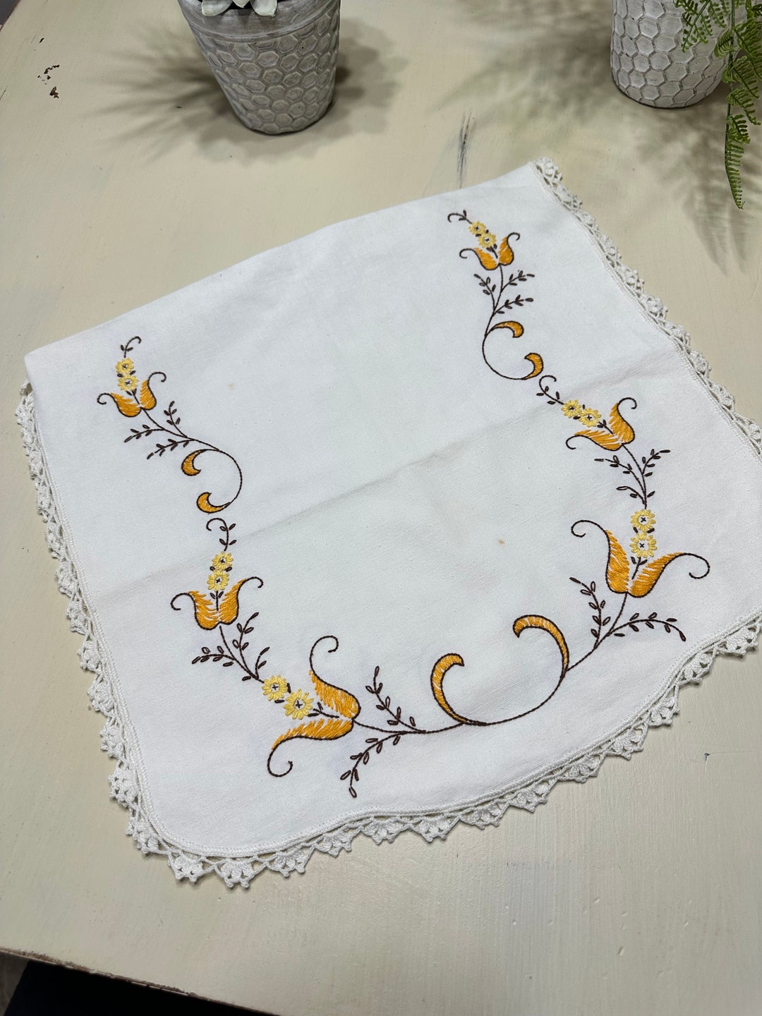 Vintage Floral Embroidered Dresser Scarf Table Runner Functional Decor ...