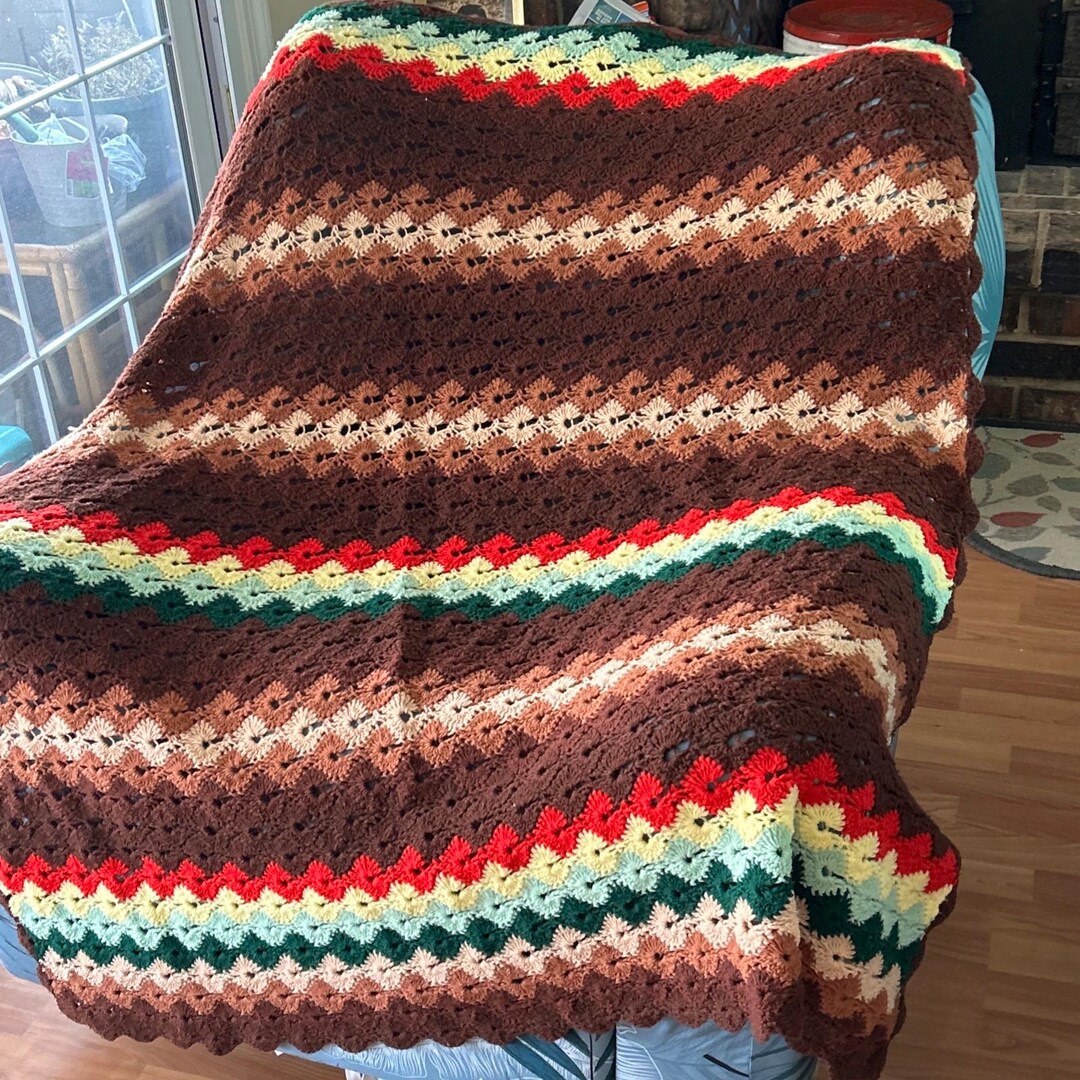 Vintage Handmade Crochet Rectangle Afghan Blanket Throw Brown Green Red ...