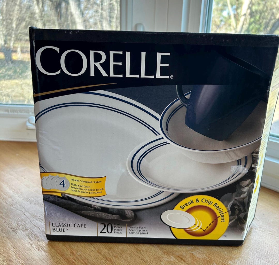 Corelle Classic Cafe Blue Dishware Set 20 Pc NIB Service for 4 Bowl ...