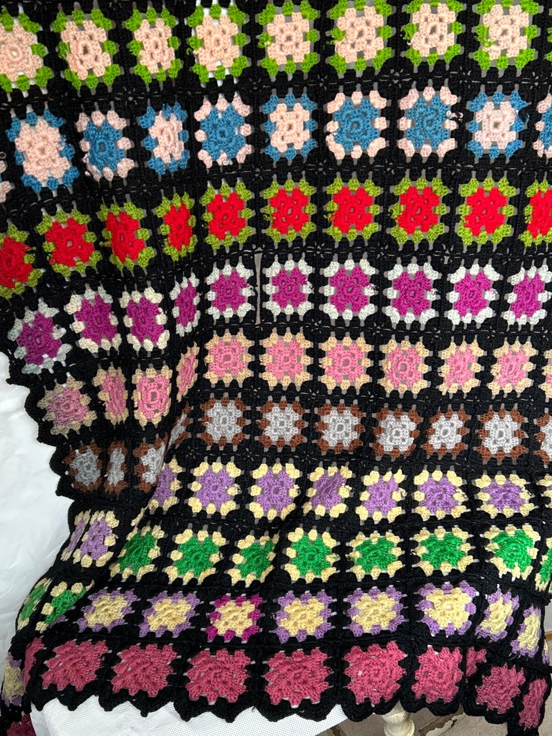 Vintage Homemade Afghan Crochet Blanket Multicolor Black Granny Square ...