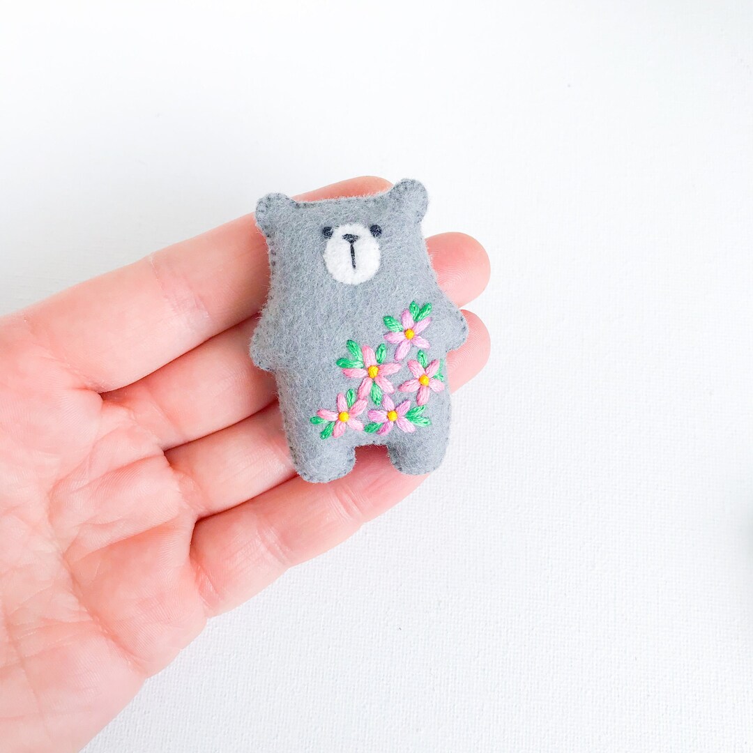 Miniature Bear, Wool Felt Teddy Bear Plushie, Embroidered Flowers ...