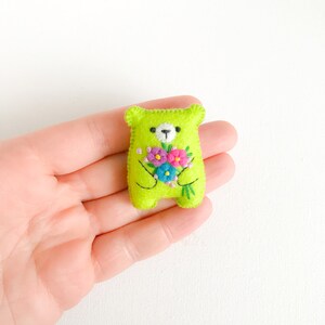 Miniature Wool Felt Teddy Bear: Embroidered Flowers, Pocket Friend ...