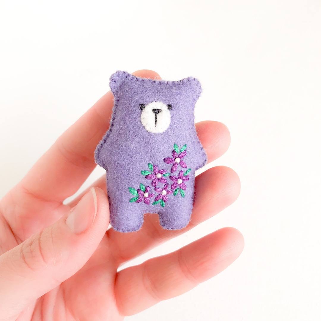 Lavender Purple Teddy Bear Miniature Plushie, Floral Felt Teddy Pocket ...