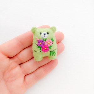 Miniature Wool Felt Teddy Bear: Embroidered Flowers, Pocket Friend ...